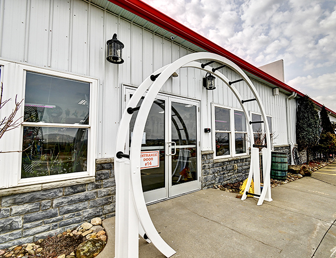 The modern entrance promises Amish craftsmanship and flea market finds under one beautifully designed roof.