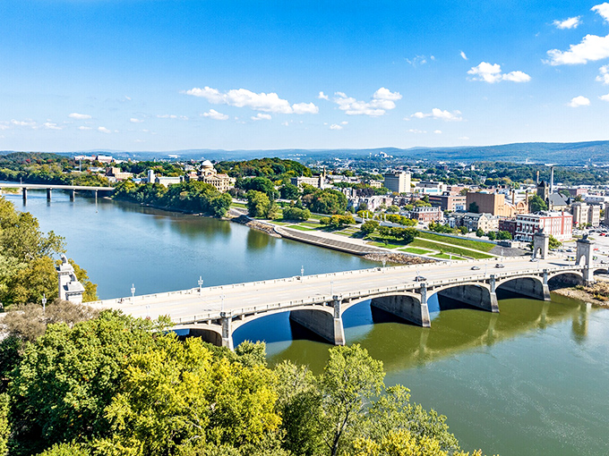 The Susquehanna River curves around this valley city like nature's own protective embrace system.
