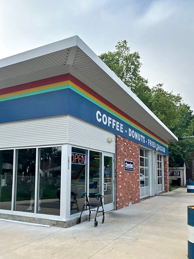 Only in America can you find coffee, donuts, and fried chicken under one rainbow-striped roof - genius!