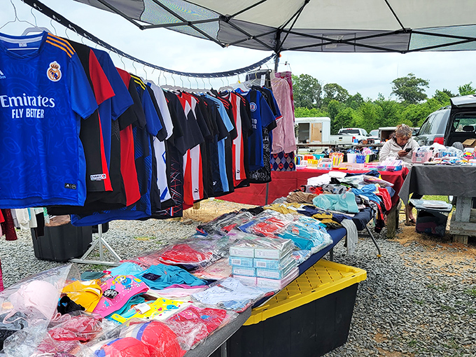 Sports jerseys and children's toys create a colorful display against the market's no-frills backdrop.