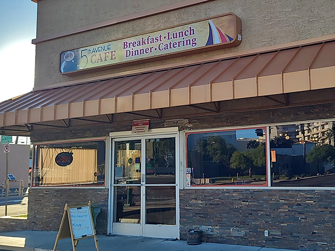 Copper awning catches morning light like a breakfast halo over this Thomas Road treasure.