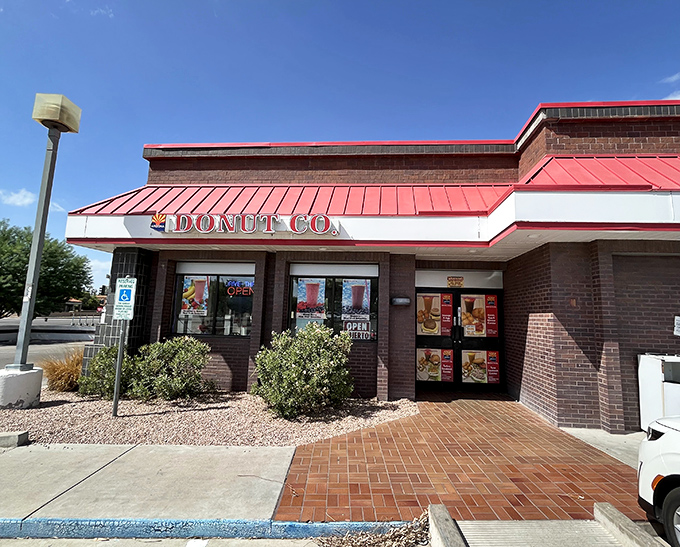 The brick and mortar construction suggests serious commitment to the donut-making craft here. 