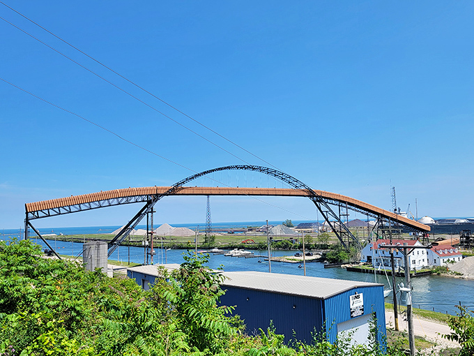 The lighthouse bridge spans Ashtabula's harbor like a scene from a peaceful maritime postcard.