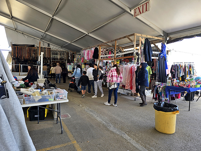 Bargain hunter's dream! Tables overflowing with household goods prove that one person's decluttering becomes another's jackpot.
