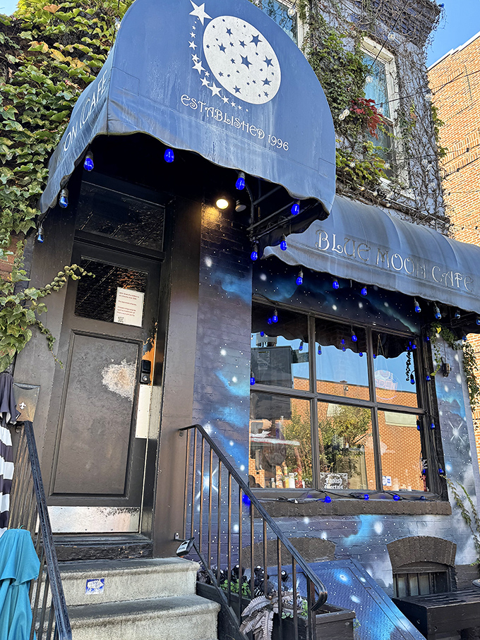 Blue Moon's artistic exterior hints at the creative morning magic happening inside these painted walls.