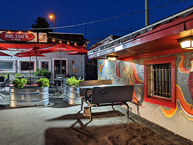 String lights transform Bolton's outdoor area into a spicy chicken block party. Where midnight cravings meet their match.