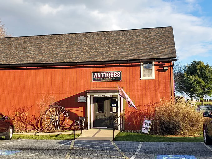 The traditional barn entrance promises old-fashioned treasures in an atmosphere that feels genuinely historic.