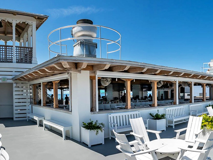 Nautical perfection! Bud & Alley's breezy deck with Adirondack chairs offers the ideal perch for sipping something cool while watching the Gulf shimmer.