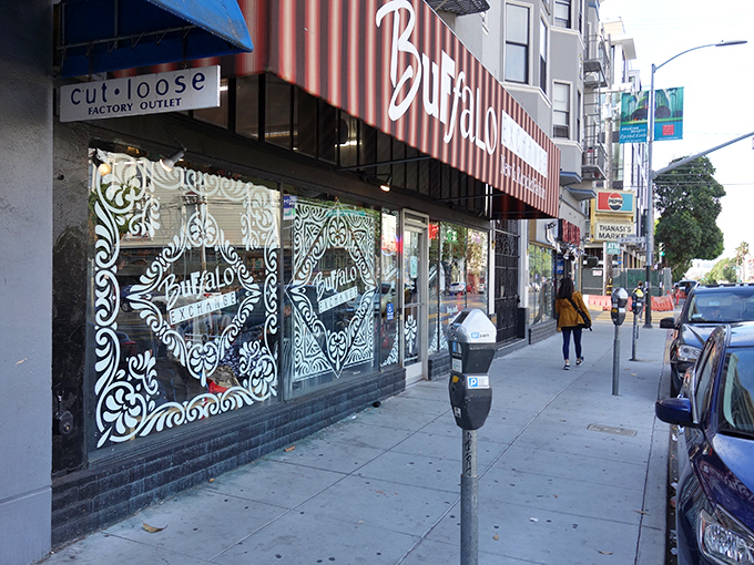 Valencia Street's vintage fashion headquarters! Buffalo Exchange's distinctive storefront promises curated cool at gentle prices.