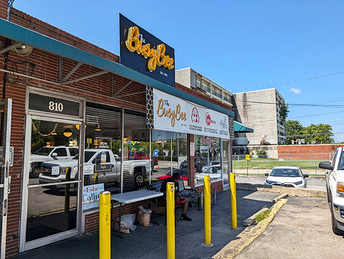 Sunshine bounces off the Busy Bee Cafe's welcoming facade, where Atlanta's fried chicken faithful have gathered for generations.