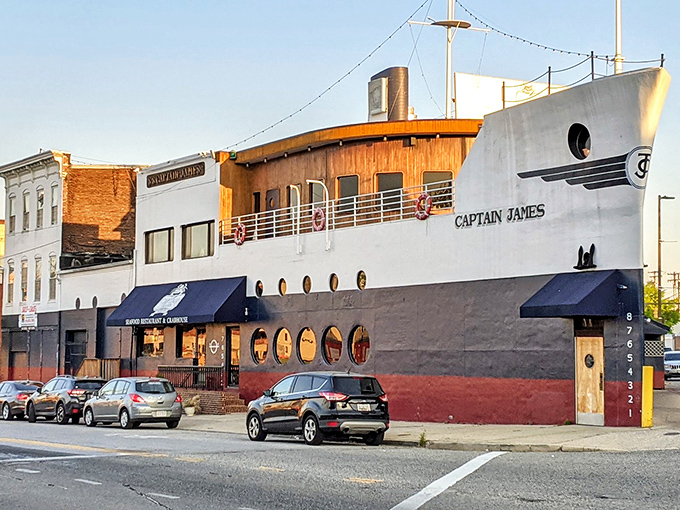 Captain James takes the ship theme seriously - complete with portholes, railings, and seafood worthy of any maritime adventure.