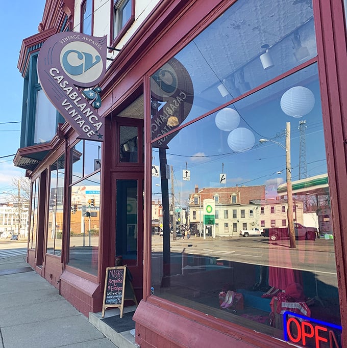 That classic architectural detail hints at the carefully curated vintage treasures waiting inside this Cincinnati fashion time capsule.