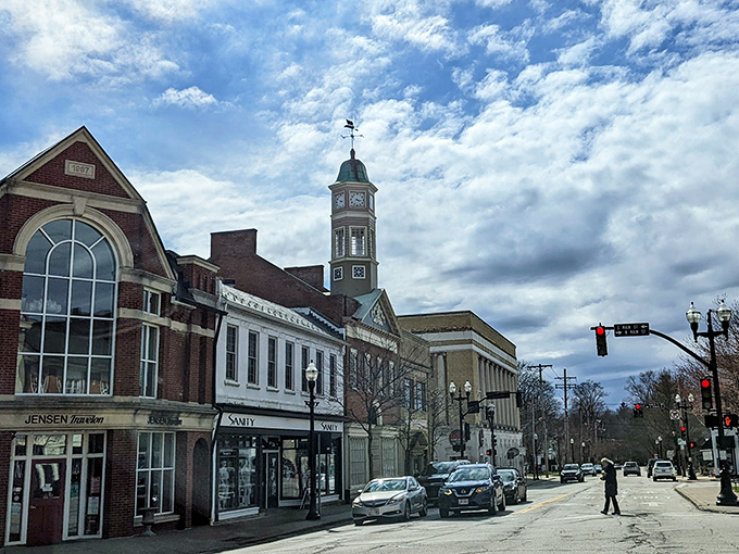 Historic buildings frame dramatic skies while the clock tower keeps watch over this picture-perfect Ohio gem.
