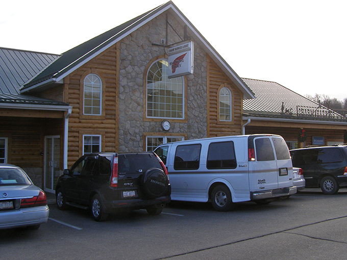 A log cabin-style building with stone accents - where modern convenience meets old-world craftsmanship in perfect harmony.