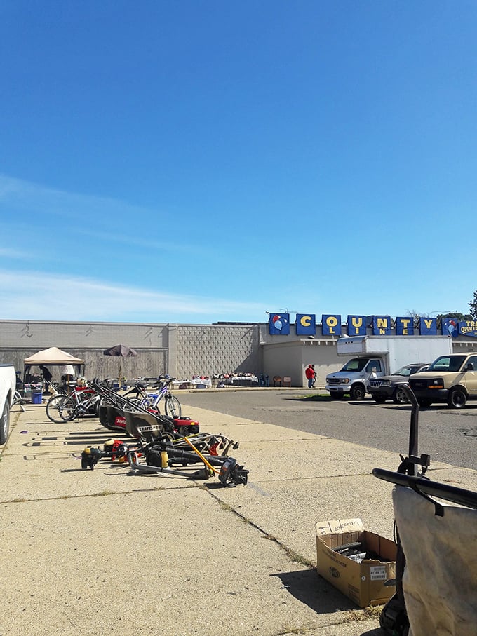 The spacious warehouse setting at County Line offers comfortable browsing through endless rows of affordable finds.