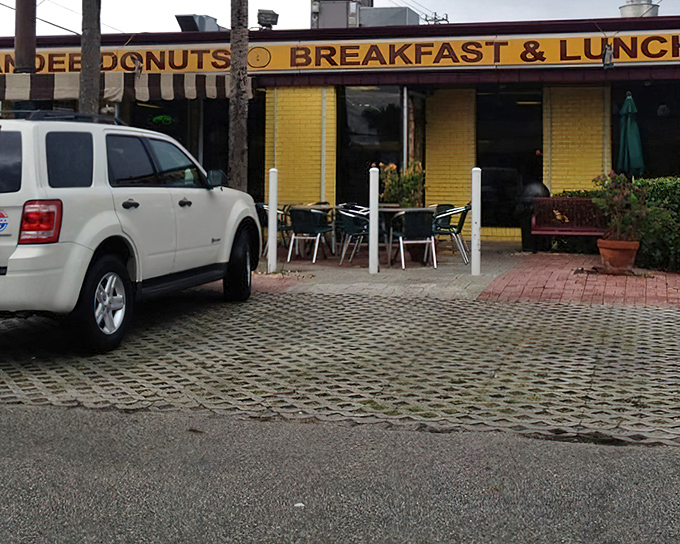 The cobblestone patio adds old-world charm to this modern donut factory's irresistible Atlantic Boulevard appeal.