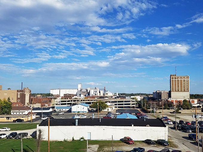 Danville's skyline rises impressively against a brilliant blue sky, with the Dome convention center anchoring the city's modern riverfront development.