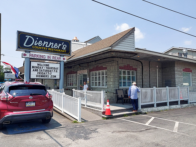 The welcoming porch of Dienner's Country Restaurant invites you to slow down and savor life one bite at a time.