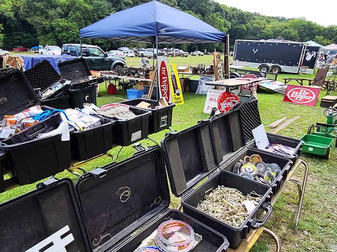 Vintage suitcases overflow with memories and merchandise under Tennessee's wide open country skies above.