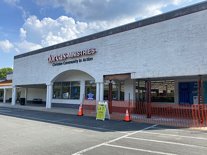 The simple white exterior of Dorcas Thrift Shop is like a blank canvas &ndash; inside is where the colorful bargains begin!