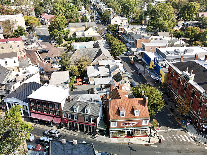 A bird's-eye view of Doylestown reveals a patchwork of historic buildings and tree-lined streets—small-town America at its picturesque best.