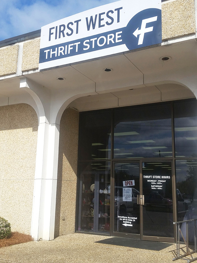 The blue "F" logo marks the spot where thrift shopping becomes an art form&mdash;and your budget breathes a sigh of relief.