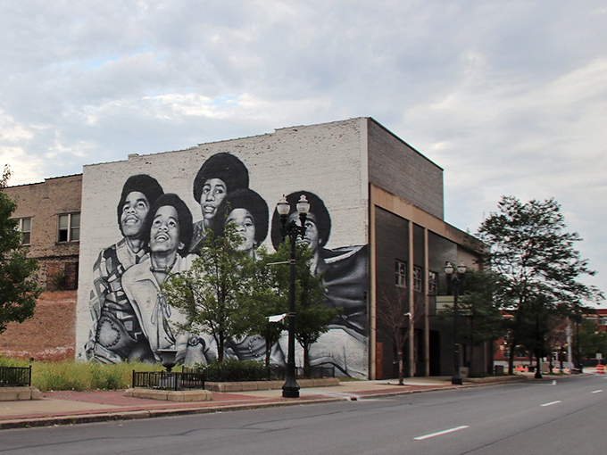 The Jackson 5 mural celebrates musical legends who put this city on the map with Motown magic.