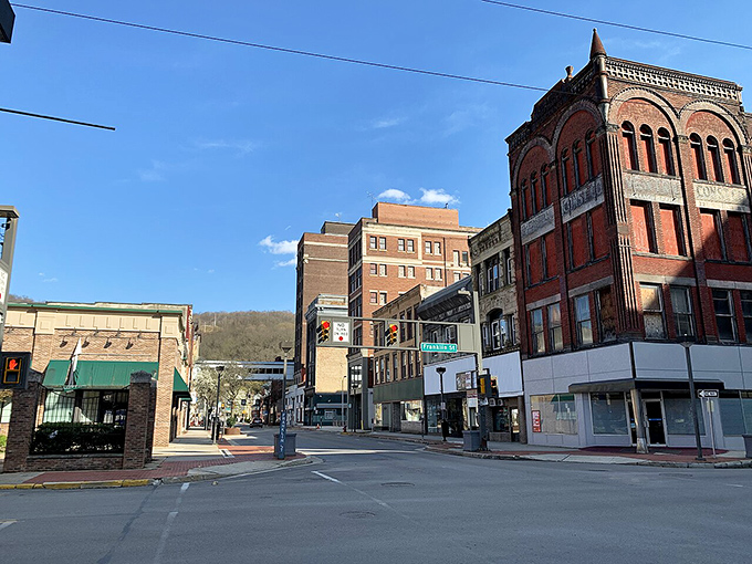 Downtown streets this wide were built for a time when people had patience for leisurely strolls.