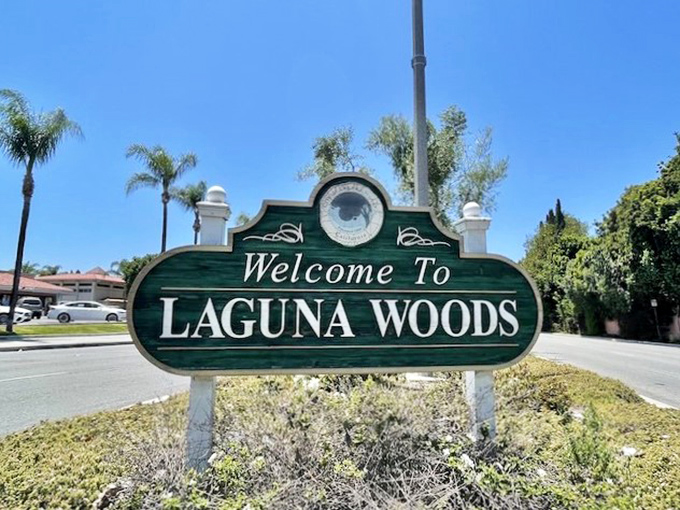 The Laguna Woods welcome sign promises exactly what it delivers: tranquil living done right.