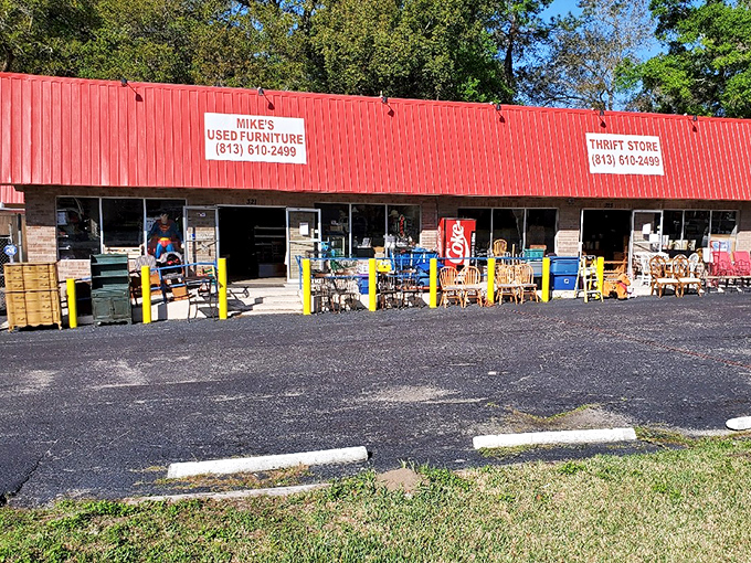 The outdoor display at Mike's shows furniture waiting for new homes. That yellow chair might be someone's perfect reading nook tomorrow!