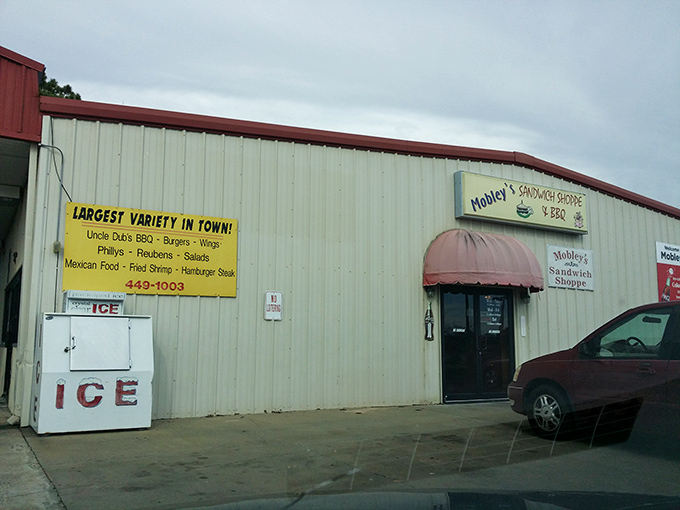 That yellow sign boasting "LARGEST VARIETY IN TOWN!" is like finding buried treasure. Mobley's modest exterior conceals a menu that would make fancier establishments blush with envy.