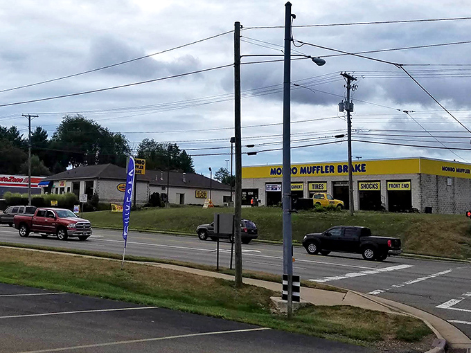 Yellow sign, green savings! Mount Vernon's practical businesses like Monro Muffler reflect the no-nonsense affordability that makes retirees smile.