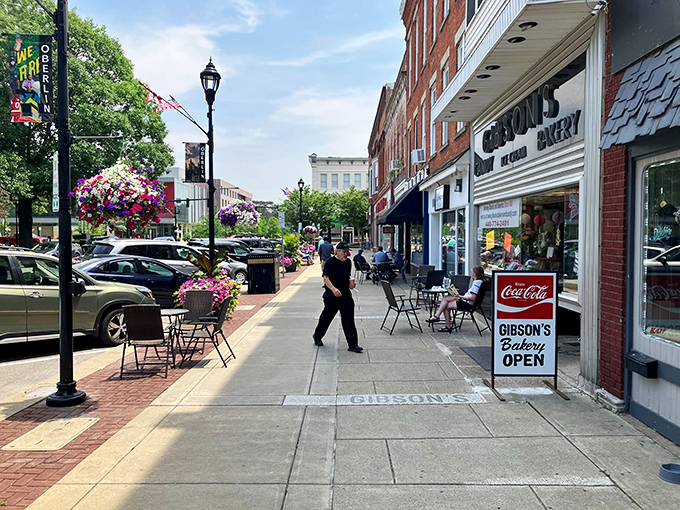 Classic storefronts in Oberlin create an inviting streetscape where students and locals mingle like old friends.