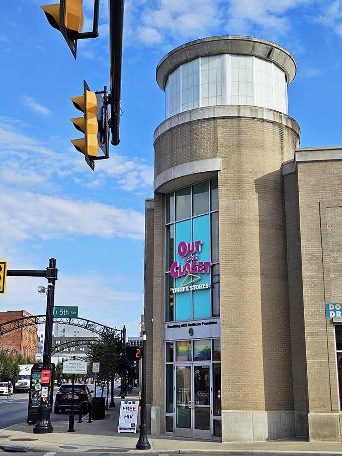 That stunning cylindrical tower isn't just eye-catching architecture - it's a beacon for thrifters seeking style with substance and shopping with purpose.