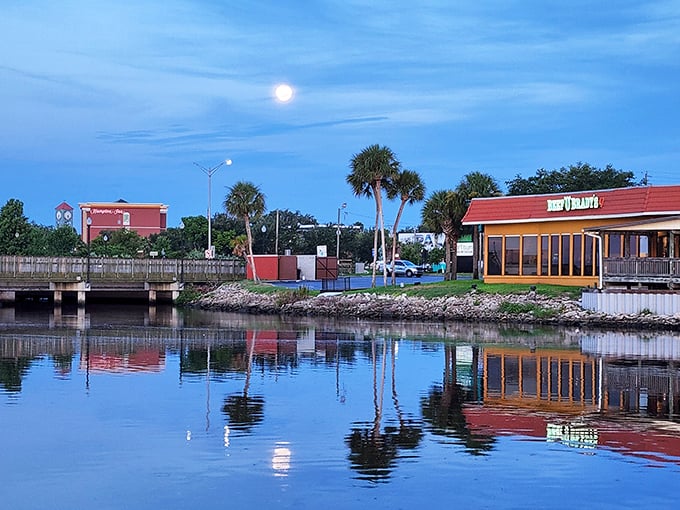 A moonlit evening paints the water in silver and neon, like nature and Vegas agreeing on d&eacute;cor.
