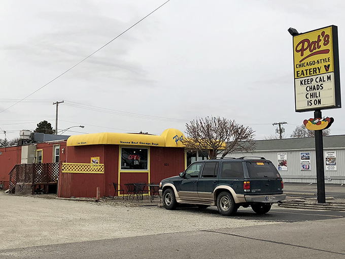 Pat's sign proudly announces its Chicago-style credentials. This little red building houses big Windy City flavors in the heart of small-town Indiana.