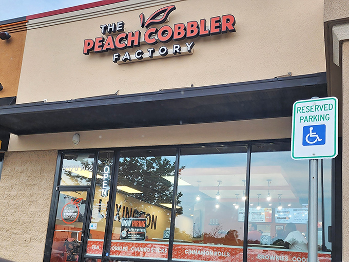 Clean lines and clear menu displays make this Peach Cobbler Factory location a modern temple to Southern sweet traditions.