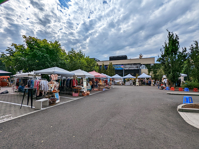 Vendors line the covered areas at Portland Flea, creating a bazaar-like experience rain or shine. Shopping adventures don't stop for Oregon weather!