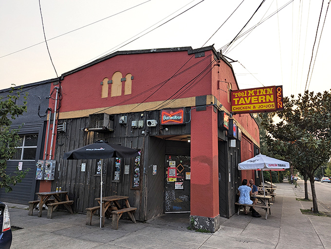 Picnic tables and cold beer - the perfect staging ground for serious chicken consumption.