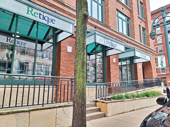 Historic brick and modern glass create the perfect backdrop for discovering vintage treasures with character.