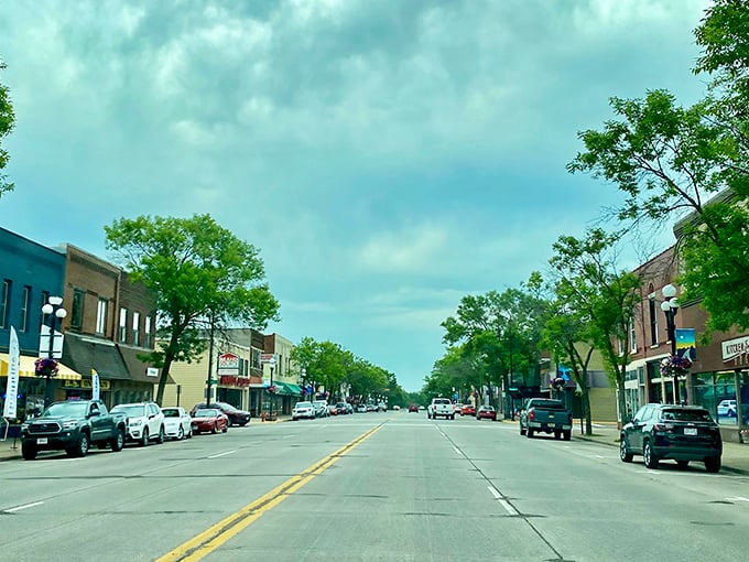 This main street scene captures the essence of affordable Midwest charm in every storefront.