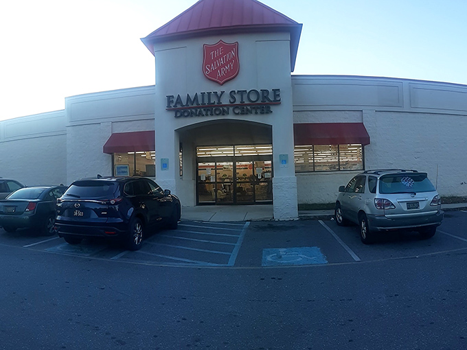 Evening light illuminates a contemporary design that makes thrift shopping feel refreshingly upscale and dignified throughout.