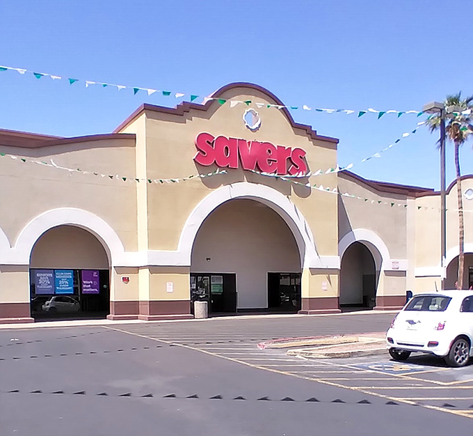 Those festive flags suggest this place knows how to make thrift shopping feel celebratory.