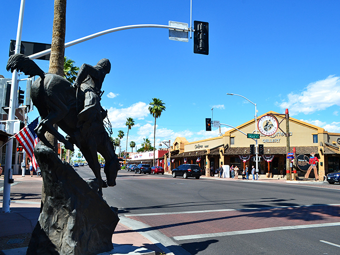 Scottsdale: Western charm meets modern comfort. That cowboy statue isn't just decoration&mdash;it's a reminder of the city's unhurried roots.