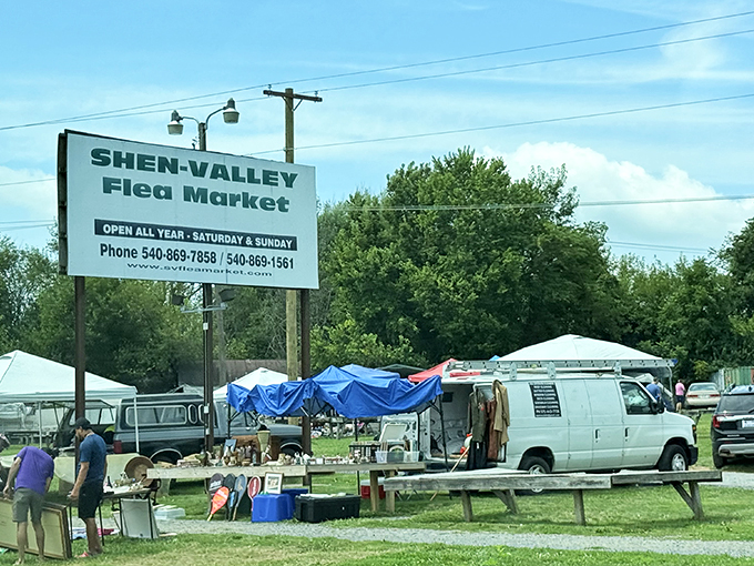 RVs and tents create a temporary village of treasure hunters, like a friendly camping trip with shopping.