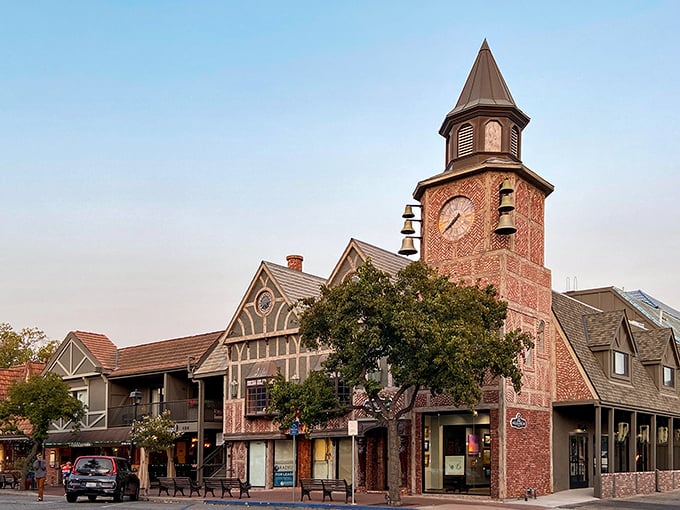 The iconic clock tower stands sentinel over Solvang's fairy-tale downtown, where every building tells a Danish story.