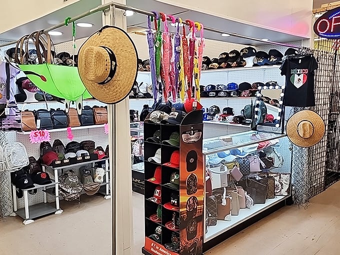 Those hat displays create a perfect wall of personality - from cowboy to baseball cap dreams.