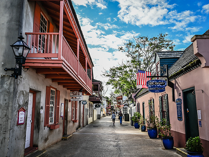 Narrow cobblestone streets wind through 450 years of history, making every step a journey through living American heritage.