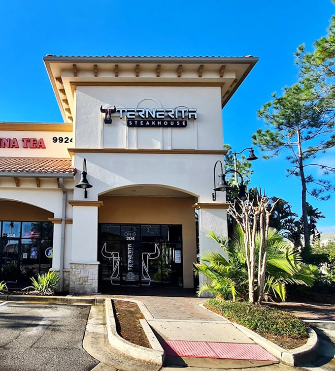 The photo shows the front entrance of Ternerita Steakhouse, a modern restaurant located in a plaza with palm trees and a bright blue sky overhead.