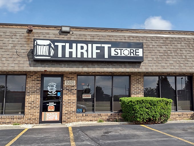 The Bridge Thrift Store's no-nonsense exterior belies the fashion wonderland waiting just beyond those doors.